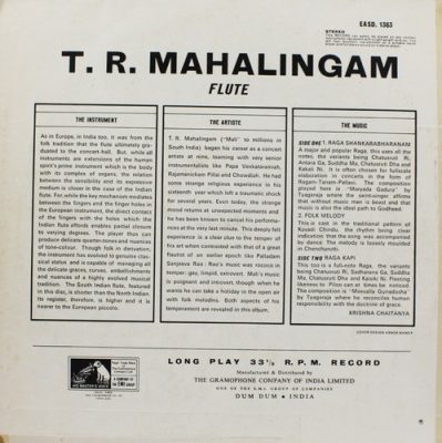 T.R.Mahalingam - EASD 1363 -HCL Indian Classical Instrumental LP Vinyl ...